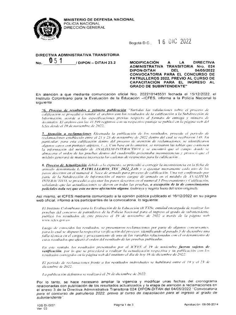DAT Nro 051 DIPON-DITAH MODIFICACION A LA DAT Nro 024 DIPON-DITAH ...