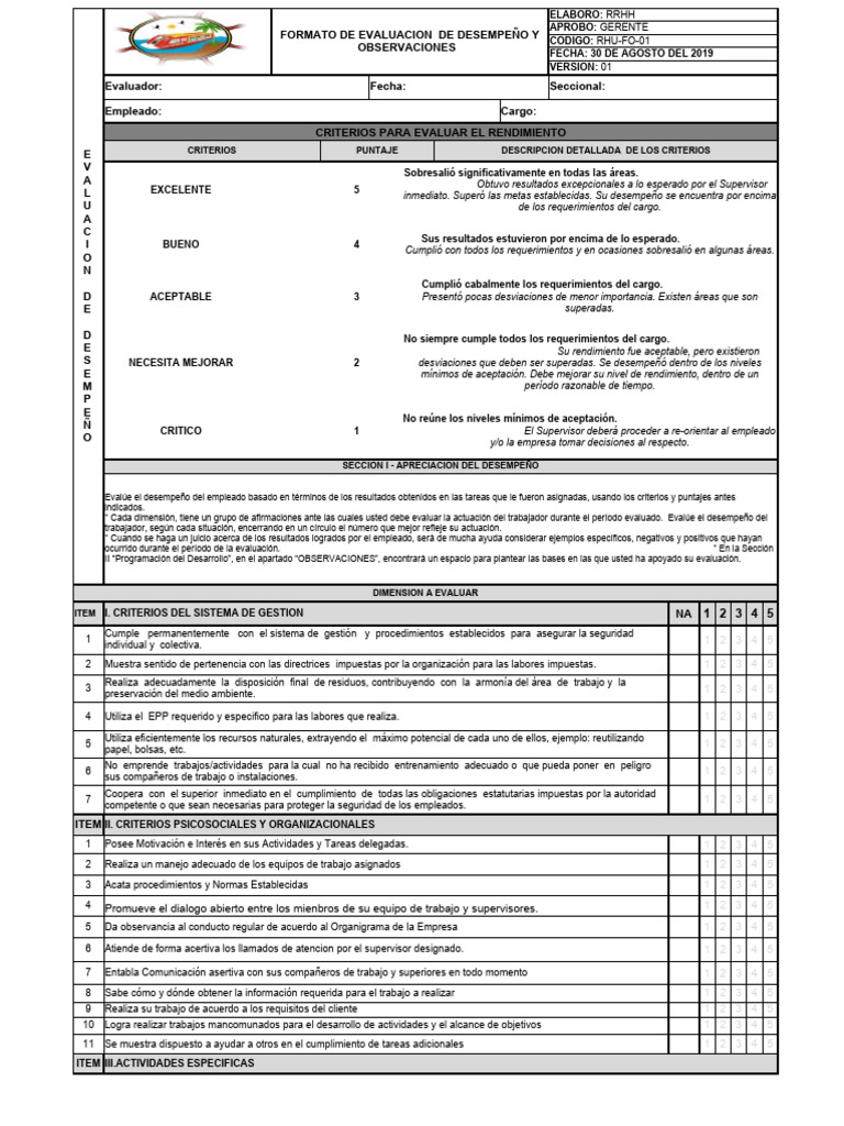 RHU-FO-01 Evaluación de Desempeño | PDF
