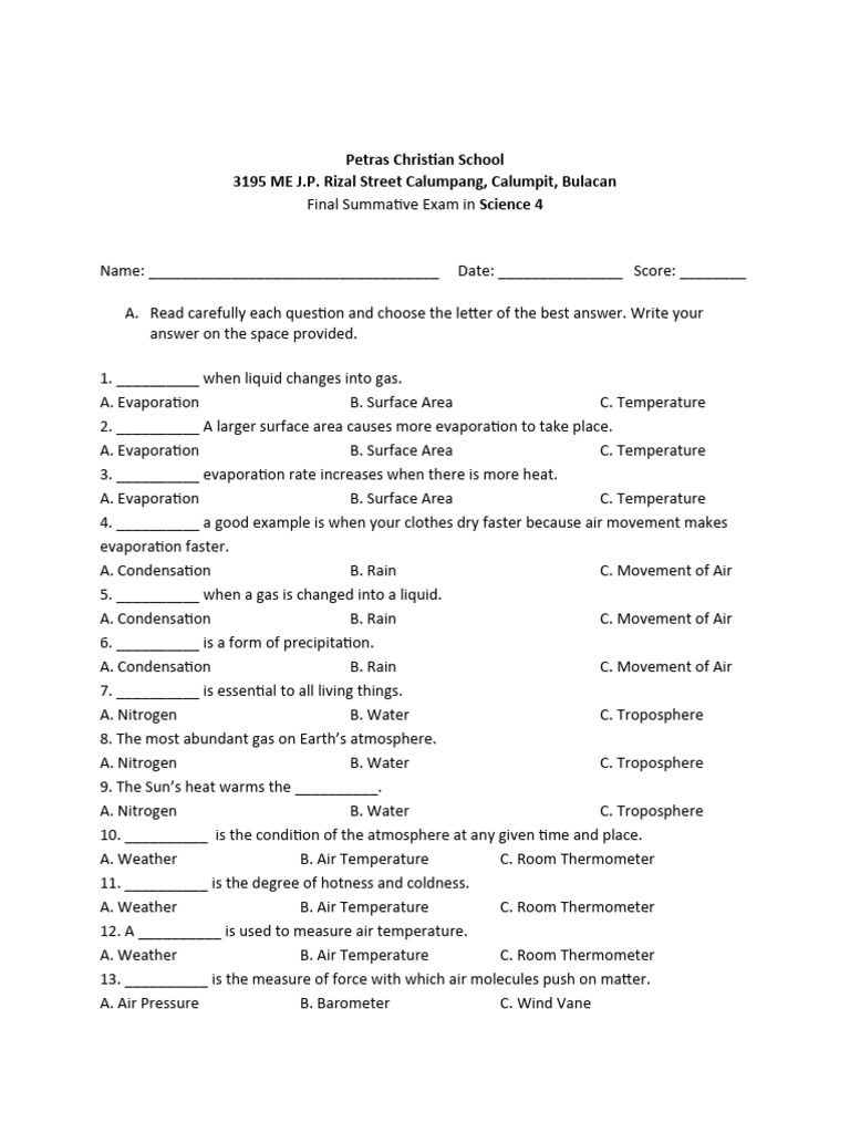 Science 4 Final Exam: Evaporation & Weather | PDF | Atmosphere Of Earth ...