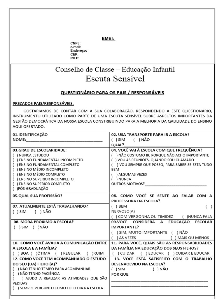 Questionário para Pais da Educação Infantil | PDF | Escolas