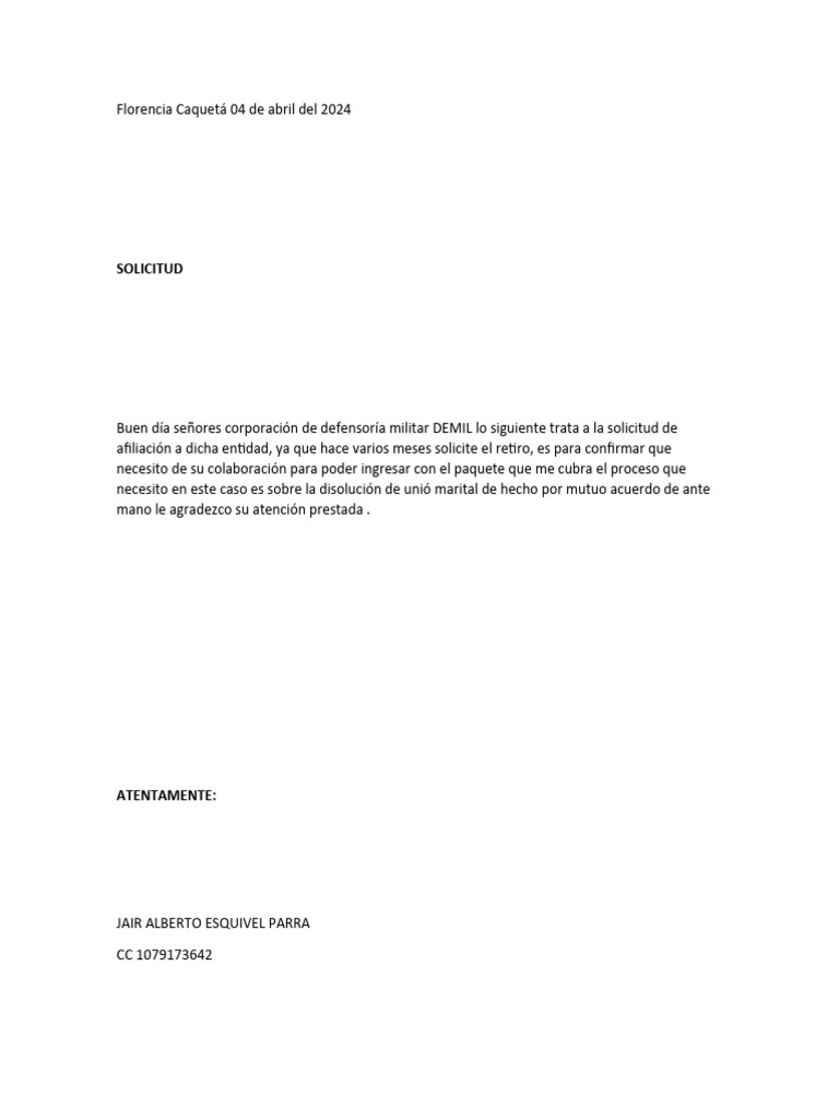 Solicitud Retiro Demil | PDF | Derecho | Finanzas y dinero