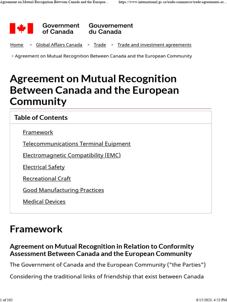 Canada-EU Mutual Recognition Agreement | PDF | Regulatory Compliance ...