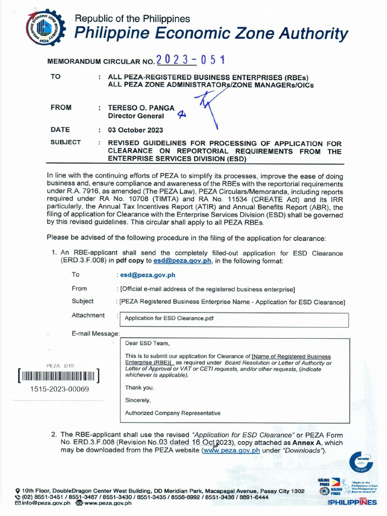 ESD Clearance Application for PEZA | PDF | Taxes | Government Finances