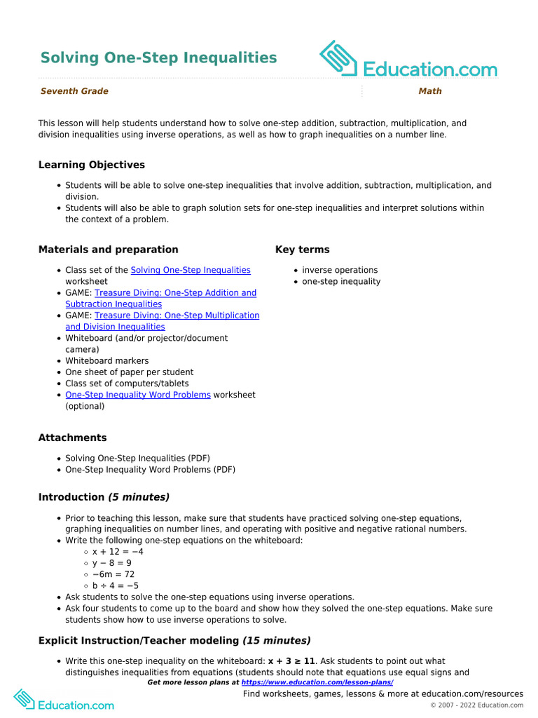 Solving One Step Inequalities | PDF | Inequality (Mathematics) | Equations