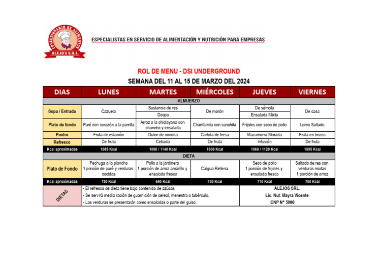 Rol de Menú - Dsi Underground - Semana 11 | PDF | Cocina | Comida y bebida