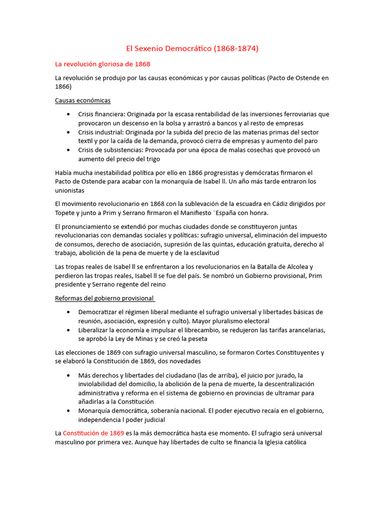 Resumen Historia 5ºtema2 2ºbach El Sexenio Democrático y La 1ºrepública | PDF | España ...