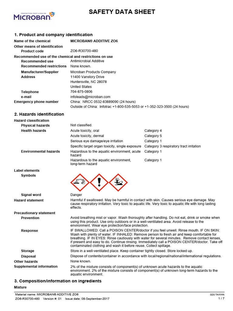 E-Microban Additive ZO6 SDS TW | PDF | Dangerous Goods | Toxicity
