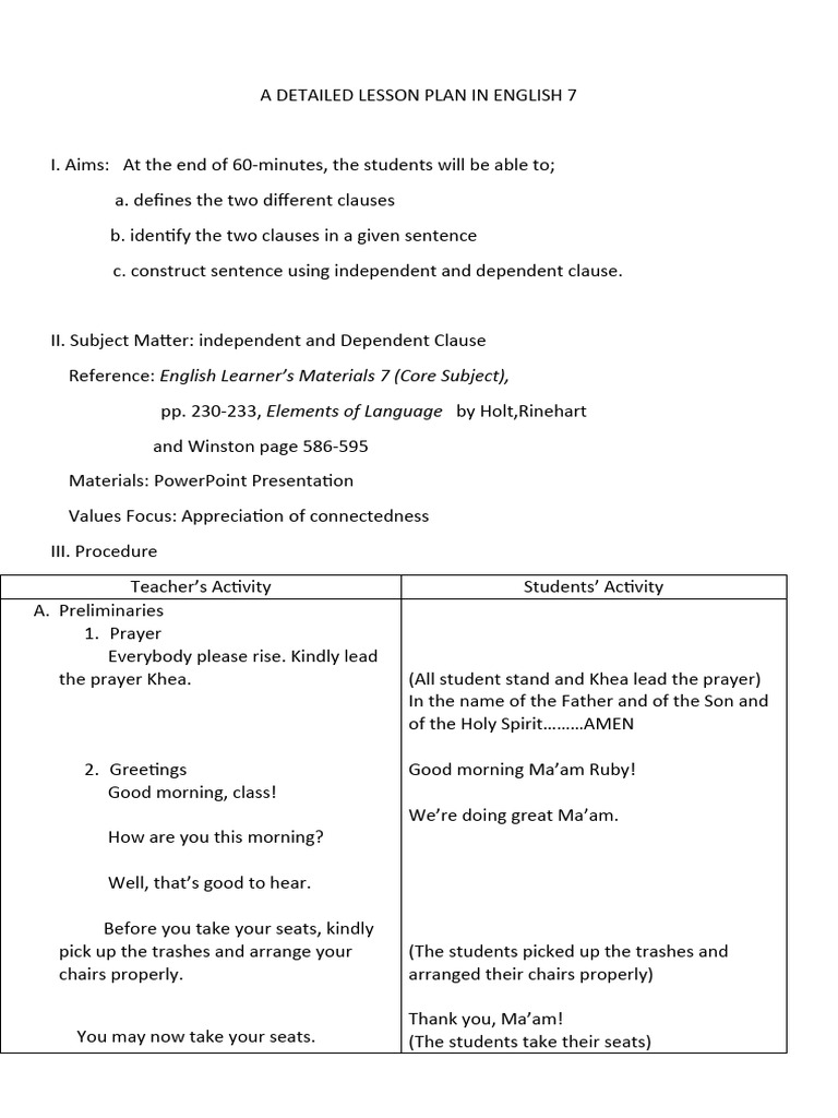English 7 Lesson Plan: Clauses Explained | PDF | Clause | Sentence ...