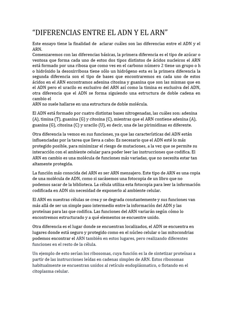 DIFERENCIAS ENTRE EL ADN Y EL ARN | PDF | Rna | Adn