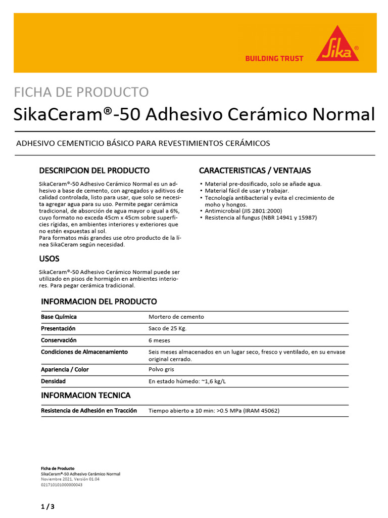 Adhesivo Cerámico SikaCeram-50 | PDF | Agua | Cemento