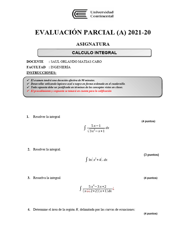 Examen Parcial de Cálculo Integral 2021-20 | PDF | Integral | Geometría ...