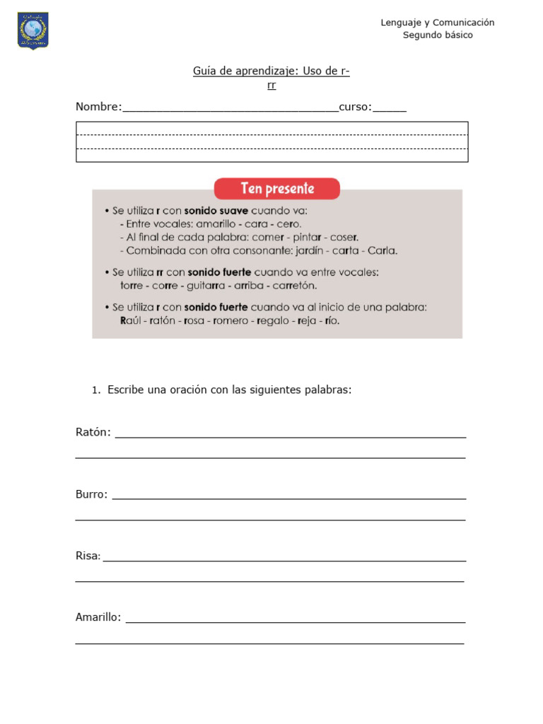 Guía de Aprendizaje Lenguaje Segundo Básico USO DE R RR | PDF