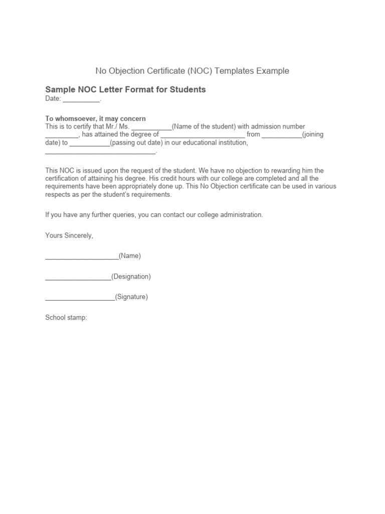 NOC Letter Template for Students | PDF