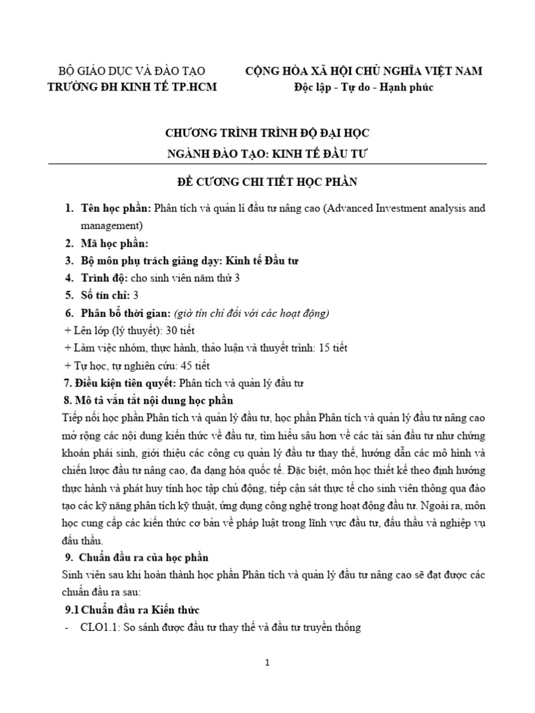00 Phan Tich Dau Tu Nang Cao - de Cuong | PDF