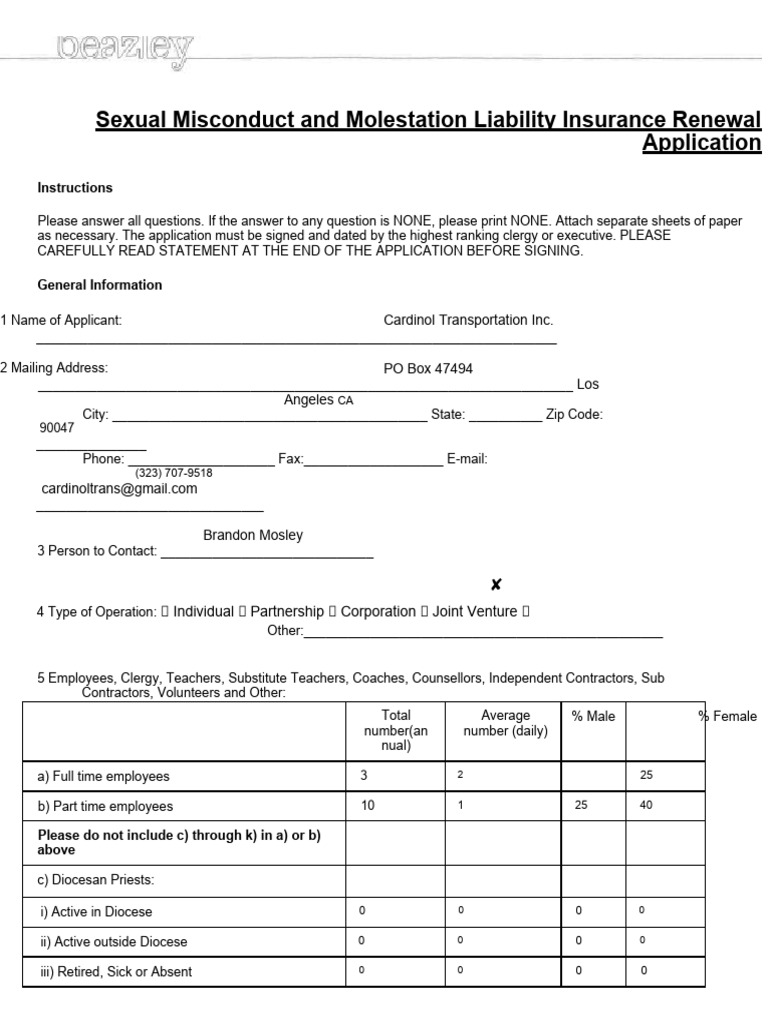 Beazley Sexual Misconduct Renewal Application | PDF | Insurance ...