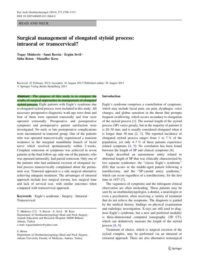 Surgical Management of Elongated Styloid Process: Intraoral or ...