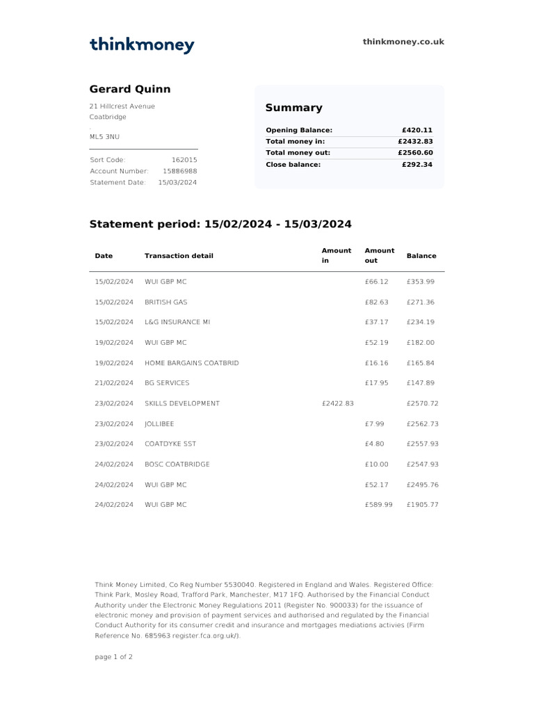 Gerard Quinn: Opening Balance: 420.11 Total Money In: 2432.83 Total ...