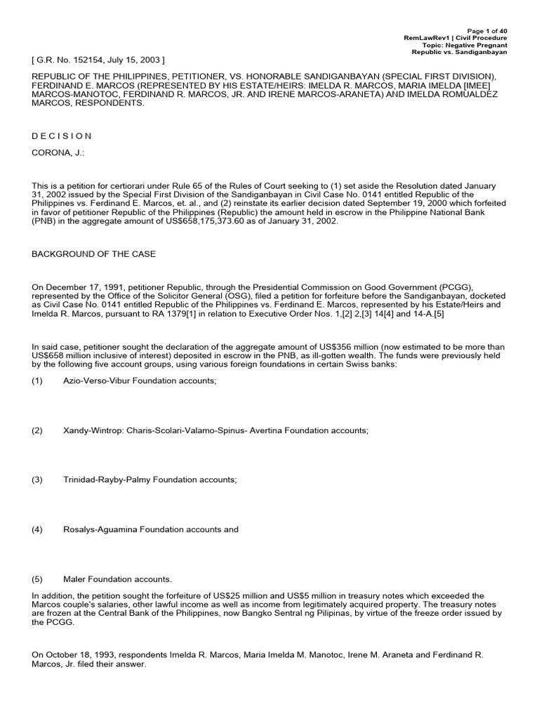 1 Republic vs. Sandiganbayan - Negative Pregnant | PDF | Summary ...