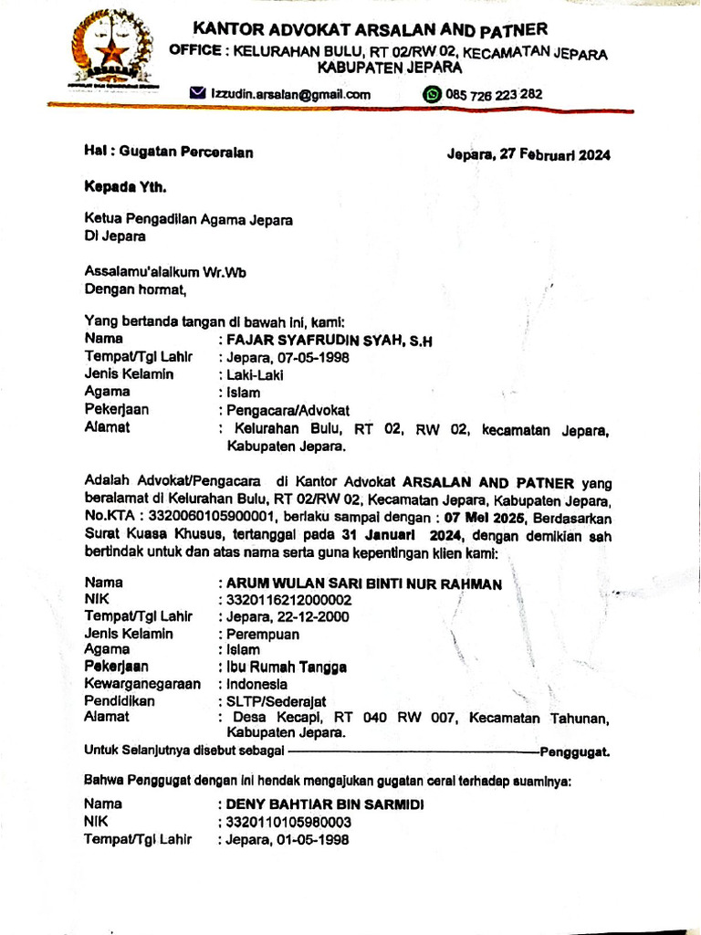 Surat Gugatan Arum Wulansari | PDF