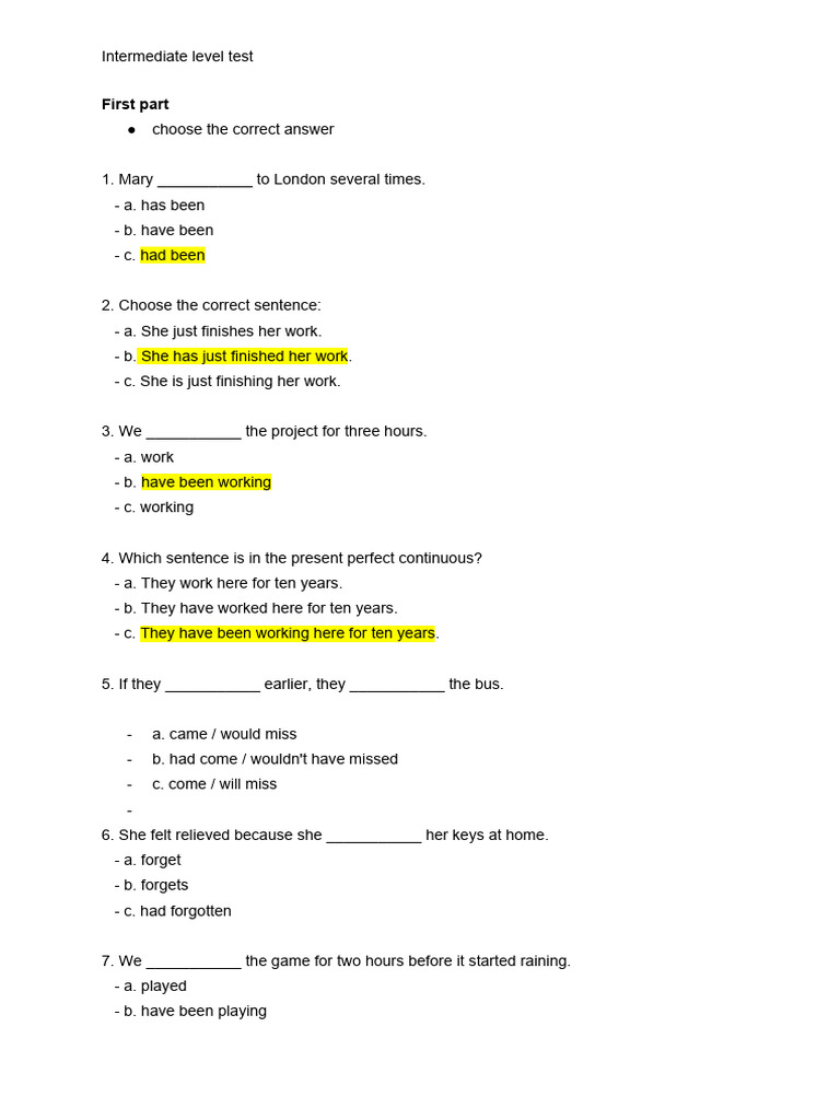 Intermediate level test | PDF