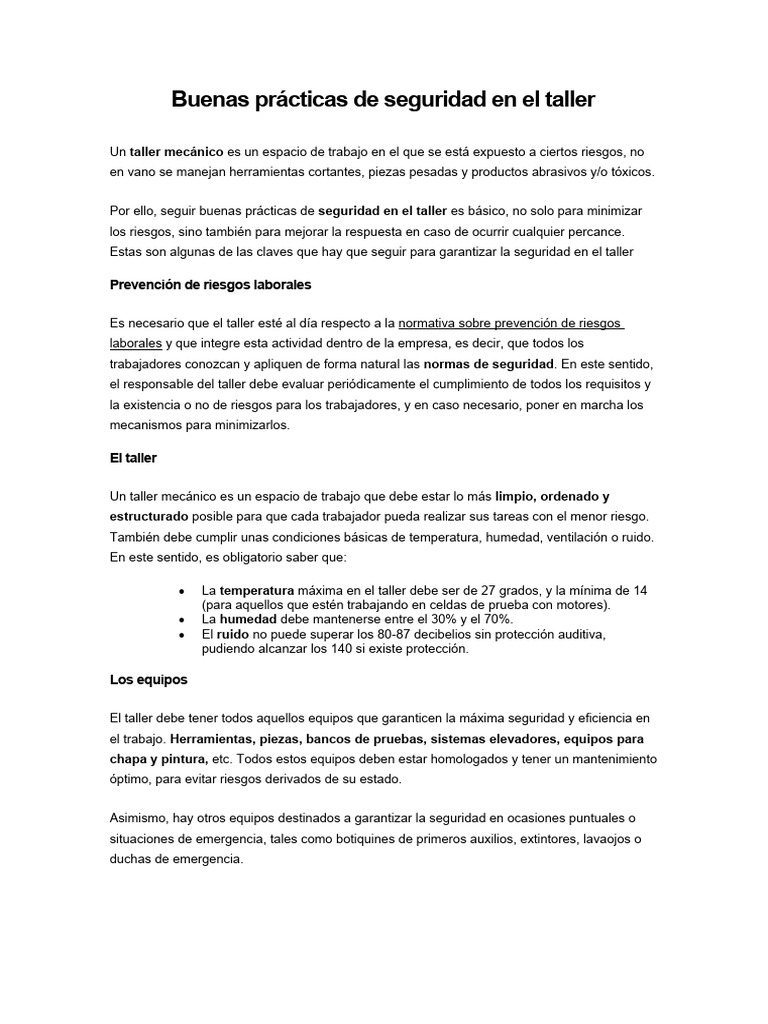 Buenas prácticas de seguridad en el taller | PDF | Primeros auxilios Buenas prácticas de seguridad en el taller | PDF | Primeros auxilios