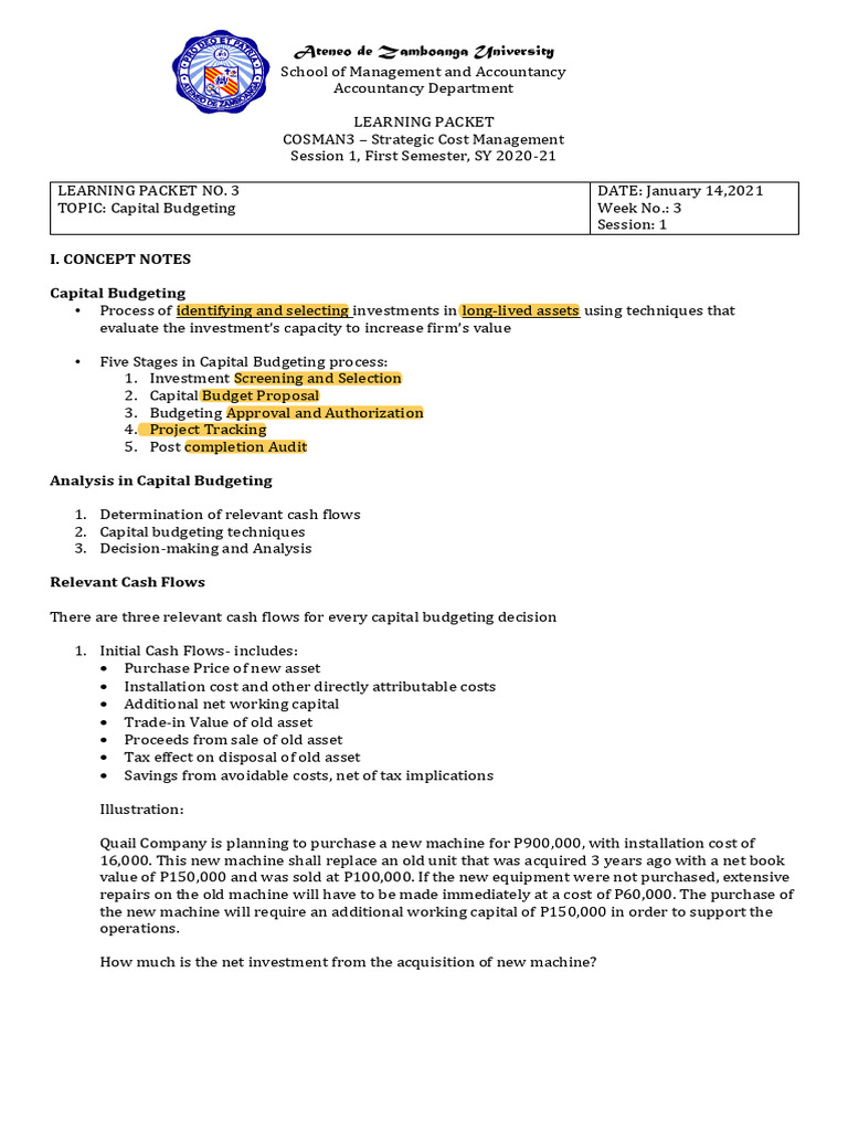 Learning Packet Template No. 3 Capital Budgeting | PDF | Depreciation ...