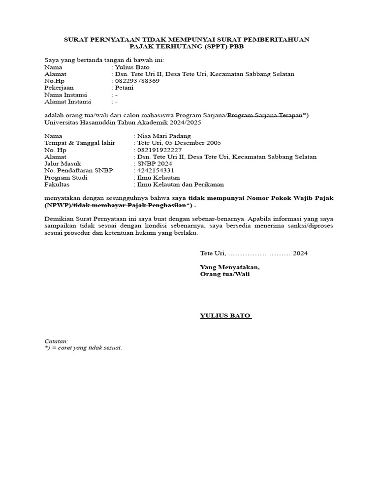 Form Pernyataan Tidak Mempunyai SPPT PBB | PDF