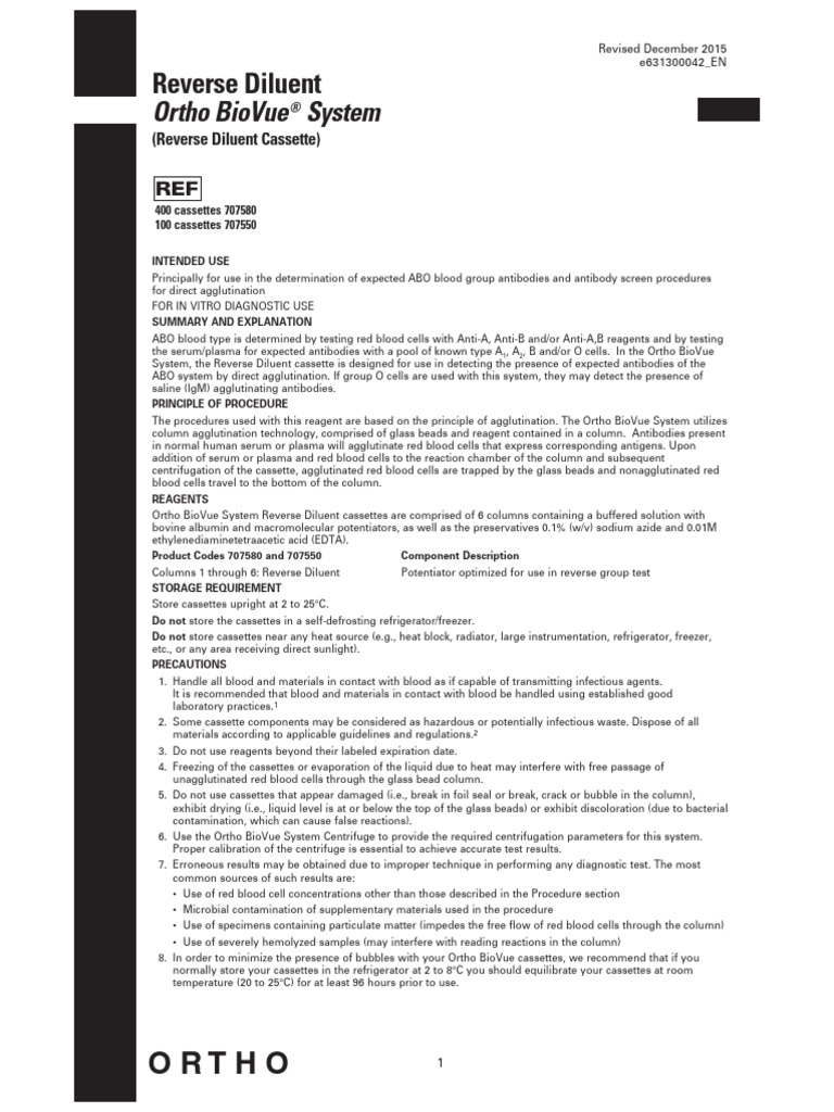 O R T H O. Reverse Diluent. Ortho BioVue System (Reverse Diluent ...
