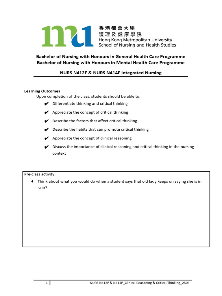 1b. Clinical Reasoning - Critical Thinking - STD Handouts - 2304 | PDF ...