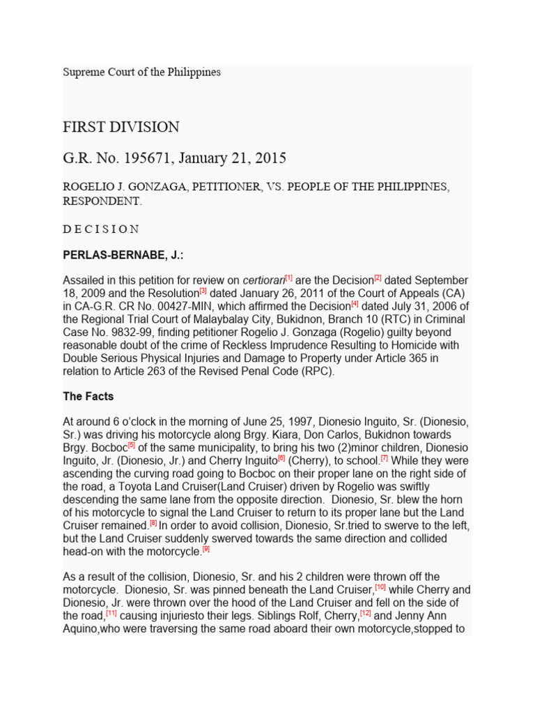 Gonzaga v. People: Reckless Homicide Case | PDF | Negligence ...