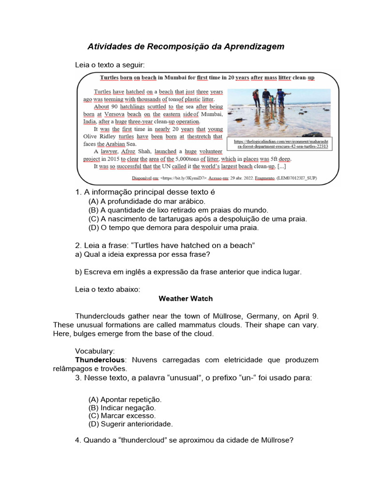 Atividades de Recomposição da Aprendizagem | PDF