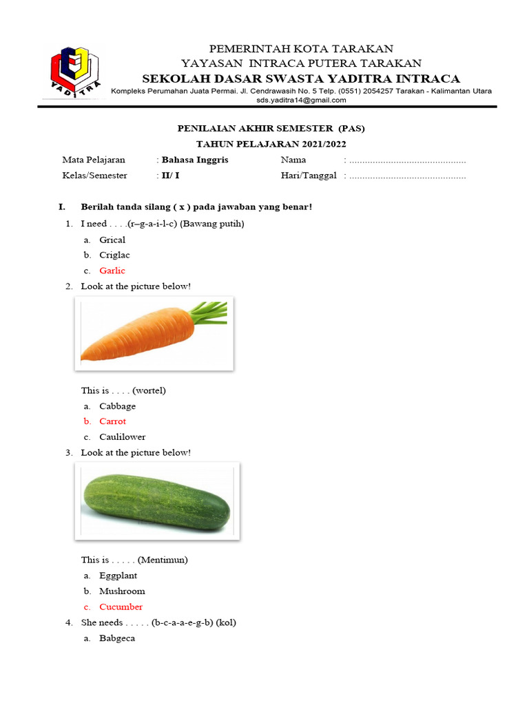 Soal PAS Bahasa Inggris Semester 1 | PDF | Vegetables | Foods