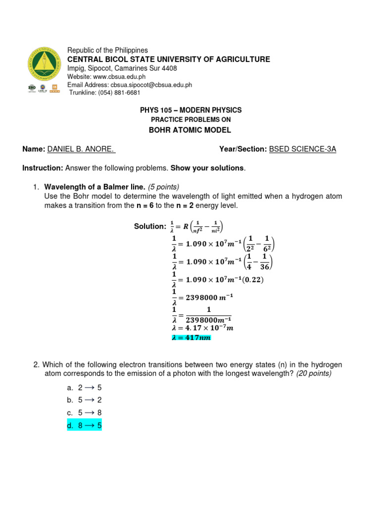 Bohrs Atomic Model - Activity - Anore | PDF | Radiation | Optics