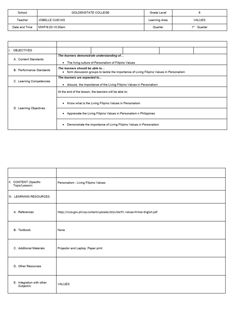 Lesson Plan in Values | PDF | Teachers | Learning