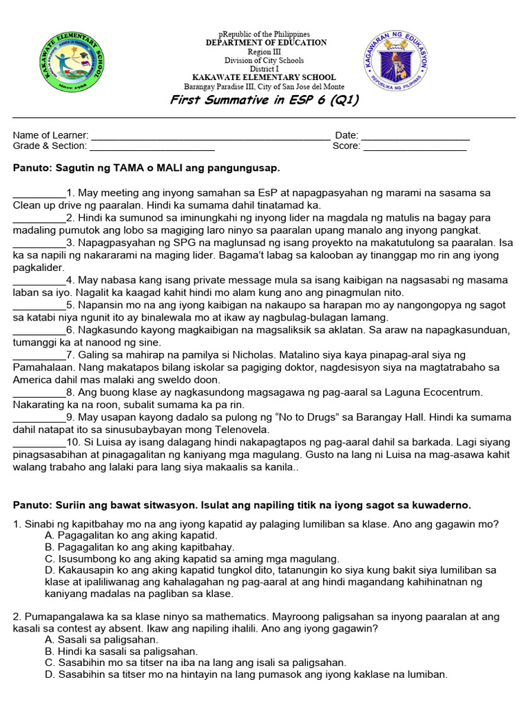 1ST Sum Esp 6 Q1 | PDF