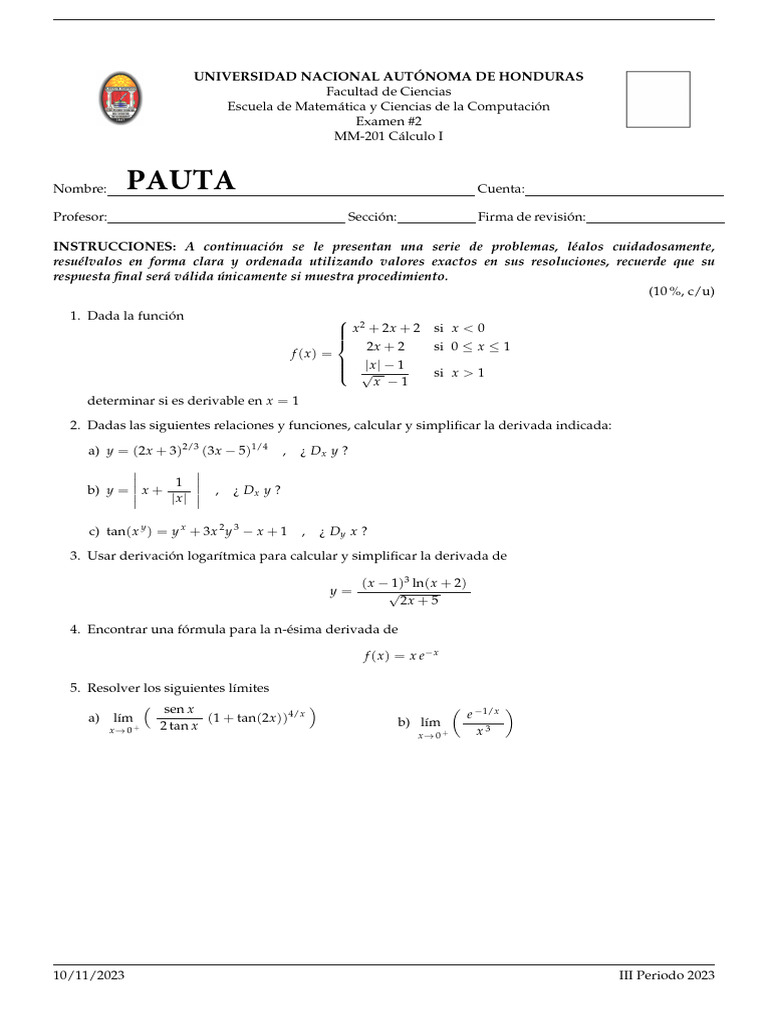 Pauta Examen 2 MM201 Cálculo I (III-2023) | PDF | Derivado | Matemáticas
