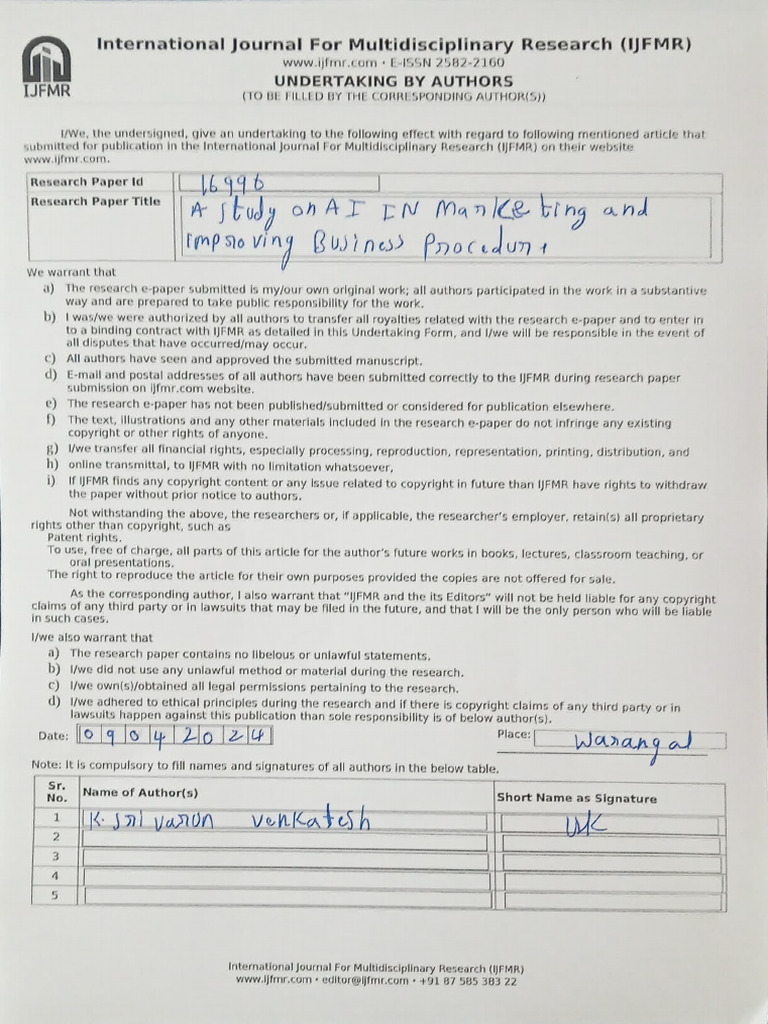 Ijfmr 16996 Undertaking | PDF | Copyright | Academic Publishing