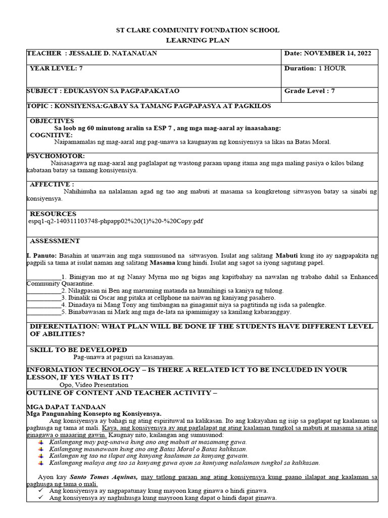 SLP in EsP 7-Lesson No.12 | PDF
