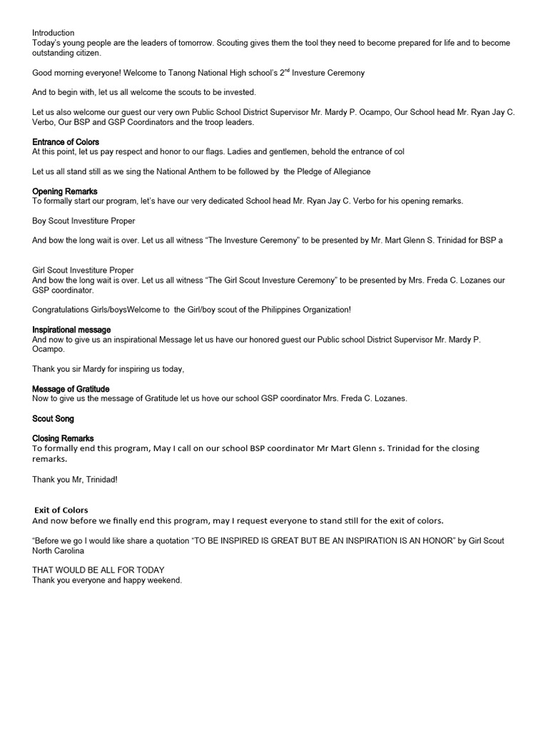 Investiture Ceremony Script | PDF