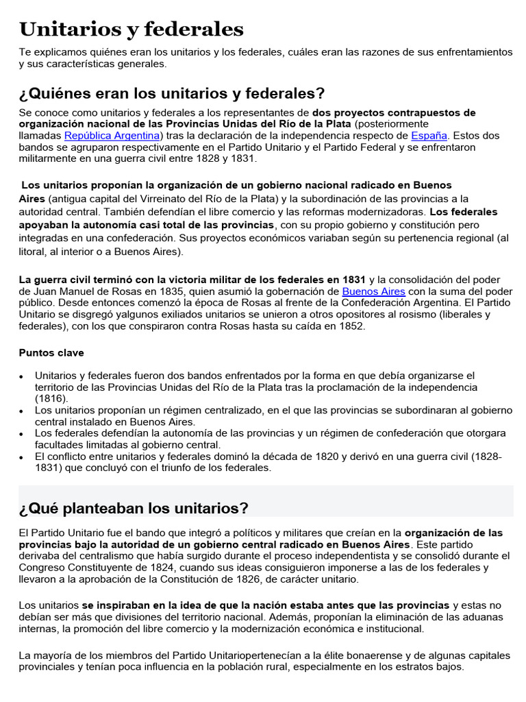 Unitarios vs. Federales en Argentina | PDF | Argentina | América del Sur