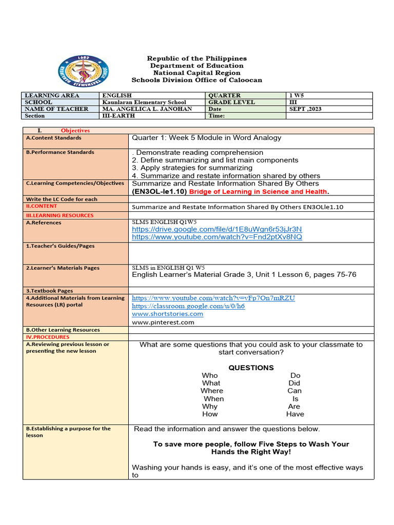 English Q1 W1 DLP Template | PDF | Hand Washing | Learning