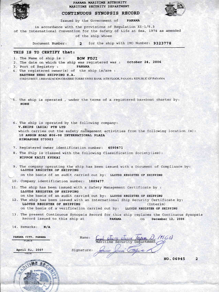 Continuous Synopsis Record for Ship BOW FUJI | PDF | Naval Architecture ...