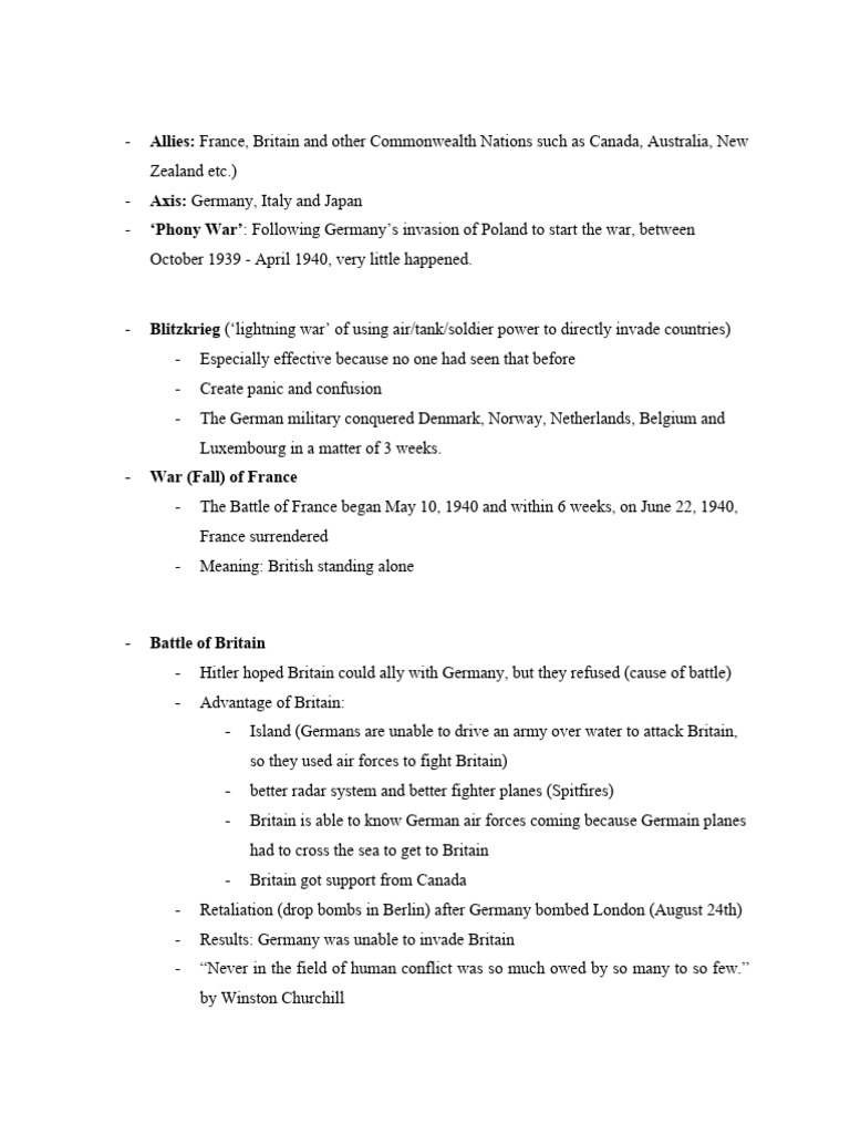 Canadian History Notes WW2 | PDF | World War II | Nazi Germany