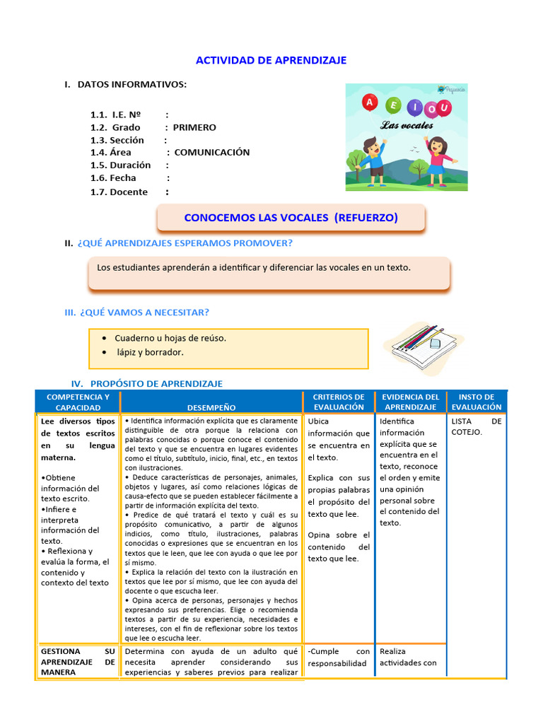 Refuerzo de Vocales para Primer Grado | PDF | Evaluación | Aprendizaje