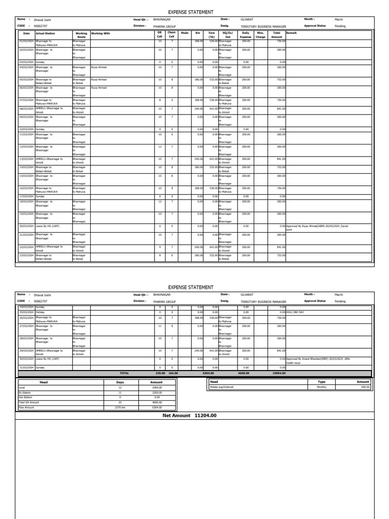 March 2024 Expense Statement Summary | PDF