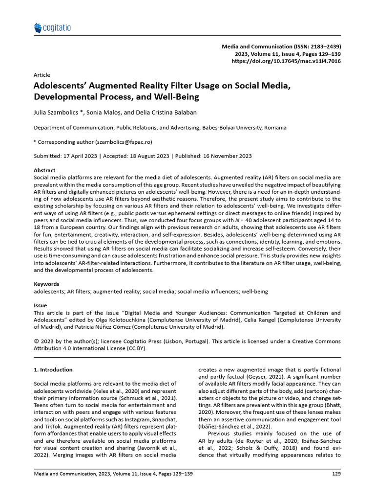 Adolescents Augmented Reality Filter Usage On Social Media ...