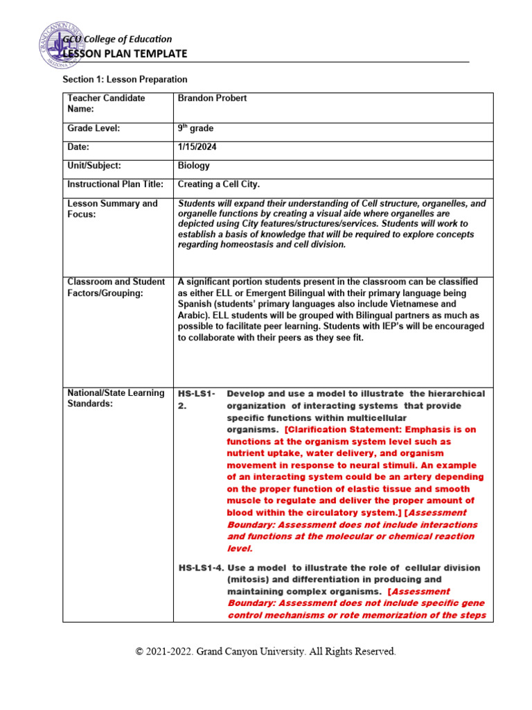 Cell City Lesson Plan BP | PDF | Cell (Biology) | Organelle