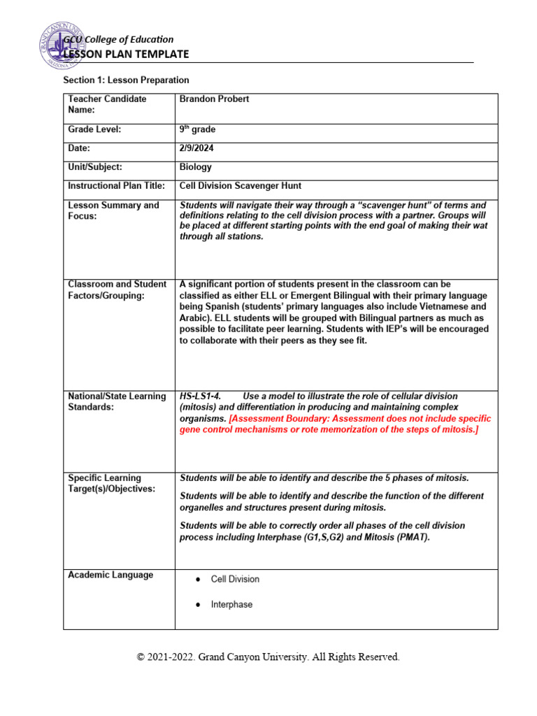 Cell Cycle Lesson Plan | Download Free PDF | Mitosis | Cell Biology