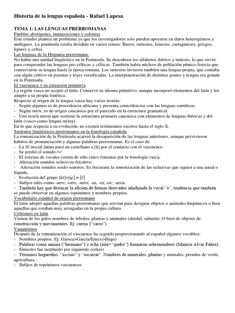 Resumen de Historia de La Lengua Española. Rafael Lapesa. | PDF | latín ...