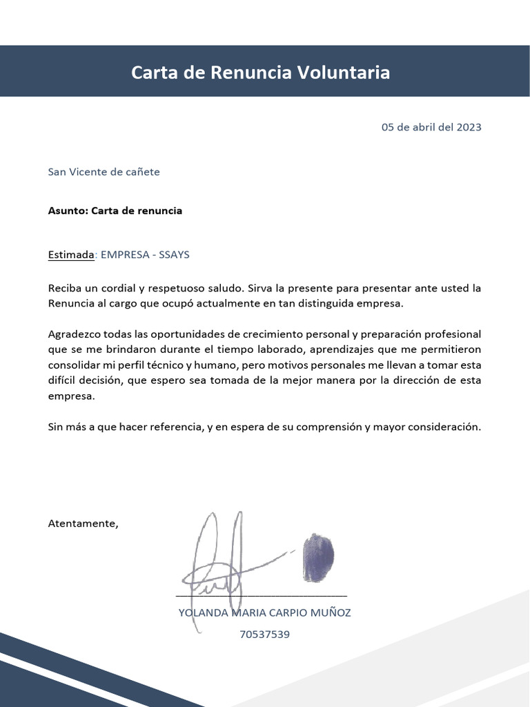 Carta de Renuncia Volluntaria - Yolanda Maria Caprio Muñoz | PDF